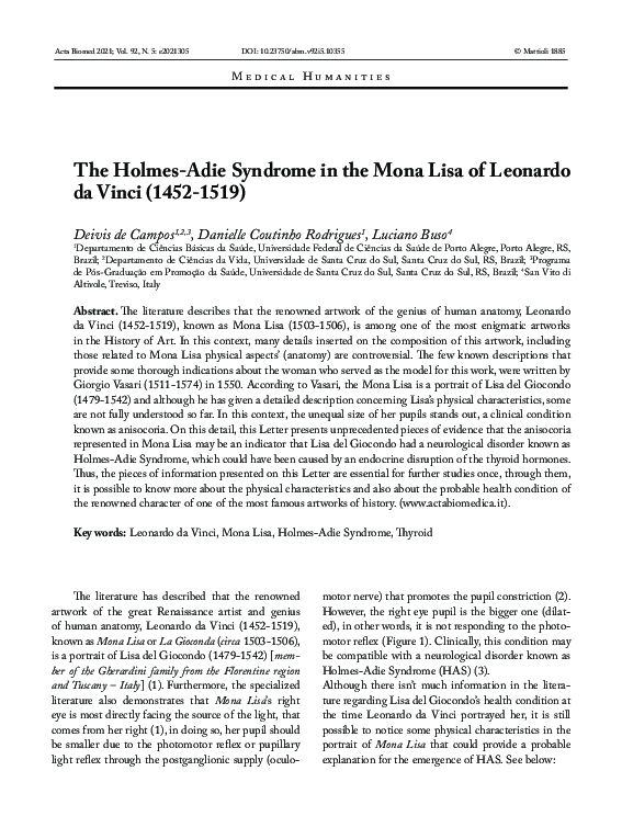 (PDF) The Holmes-Adie Syndrome in the Mona Lisa of Leonardo da Vinci ...
