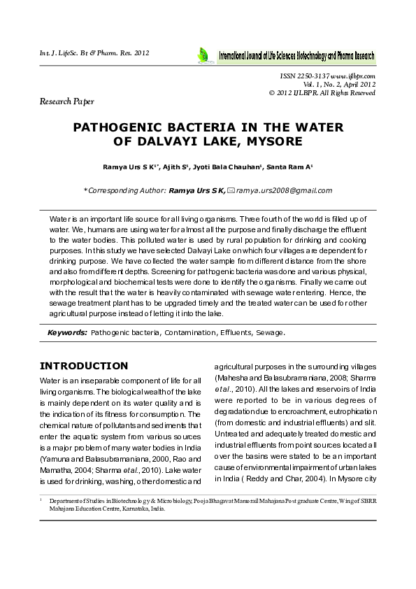 (PDF) Pathogenic Bacteria in the Water of Dalvayi Lake, Mysore