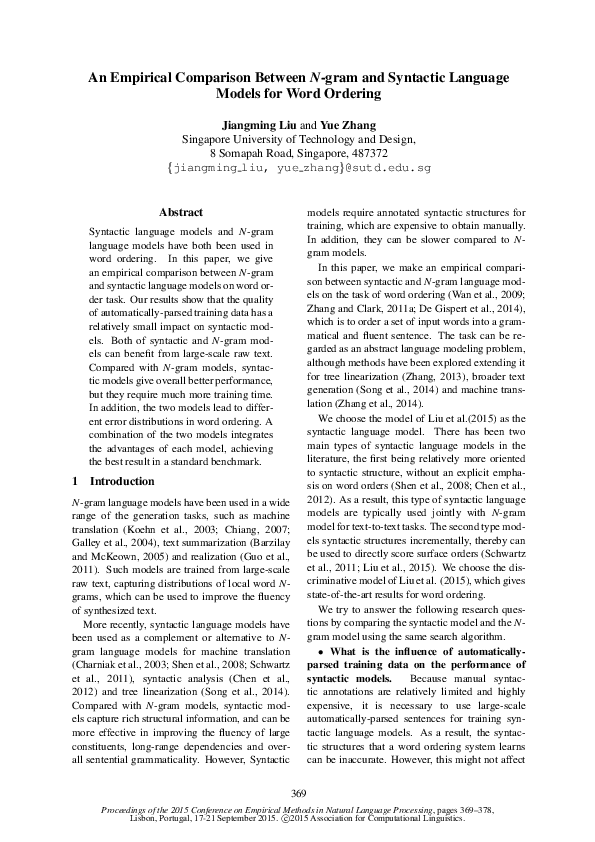 Pdf An Empirical Comparison Between N Gram And Syntactic Language Models For Word Ordering