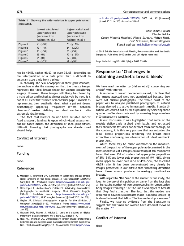 (PDF) Response to ‘Challenges in obtaining aesthetic breast ideals’