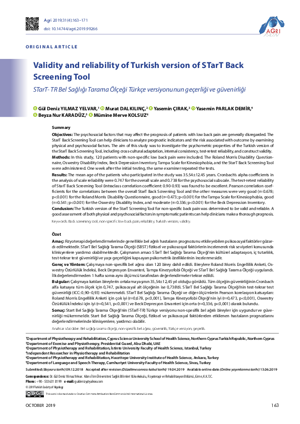 (PDF) Validity and Reliability of the French Version of the STarT Back ...