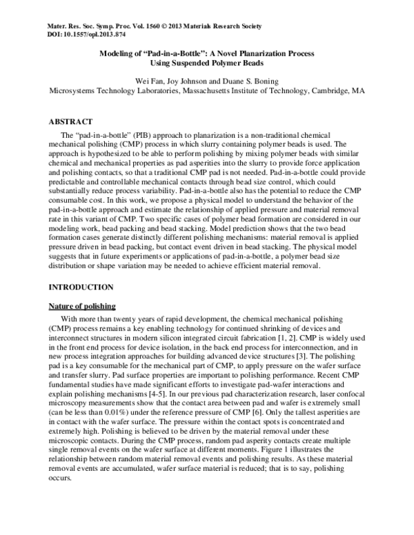 (PDF) Modeling of “Pad-in-a-Bottle”: A Novel Planarization Process ...