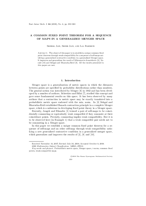 (PDF) A Common Fixed Point Theorem for a Sequence of Maps in a Generalized Menger Space