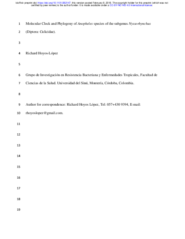 (PDF) Molecular Clock and Phylogeny of Anopheles species of the subgenus Nyssorhynchus (Diptera ...