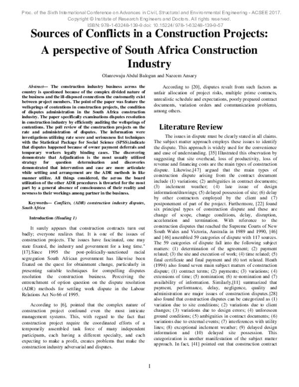 (PDF) Sources of Conflicts in a Construction Projects A perspective of ...