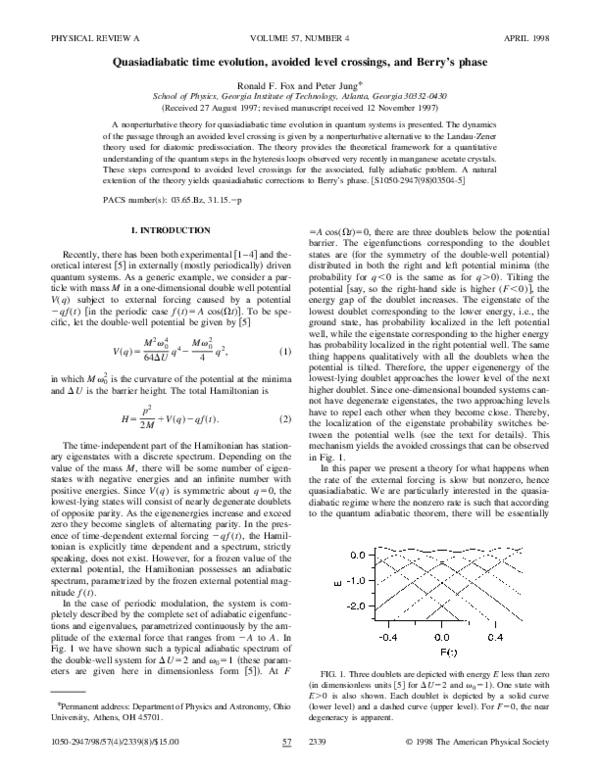 (PDF) Quasiadiabatic time evolution, avoided level crossings, and Berry ...