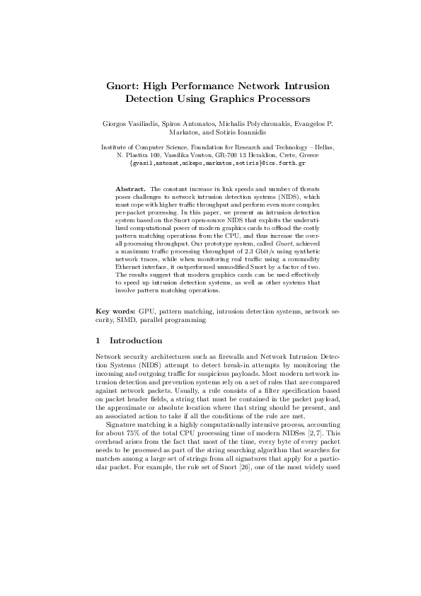 Pdf Gnort High Performance Network Intrusion Detection Using Graphics Processors