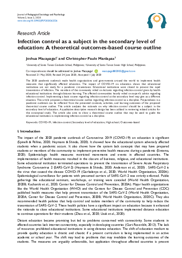 Pdf Infection Control As A Subject In The Secondary Level Of