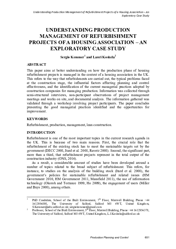 (PDF) Understanding Production Management of Refurbishment Projects of ...