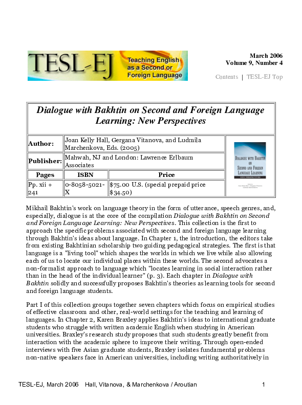 (PDF) Dialogue With Bakhtin on Second and Foreign Language Learning ...