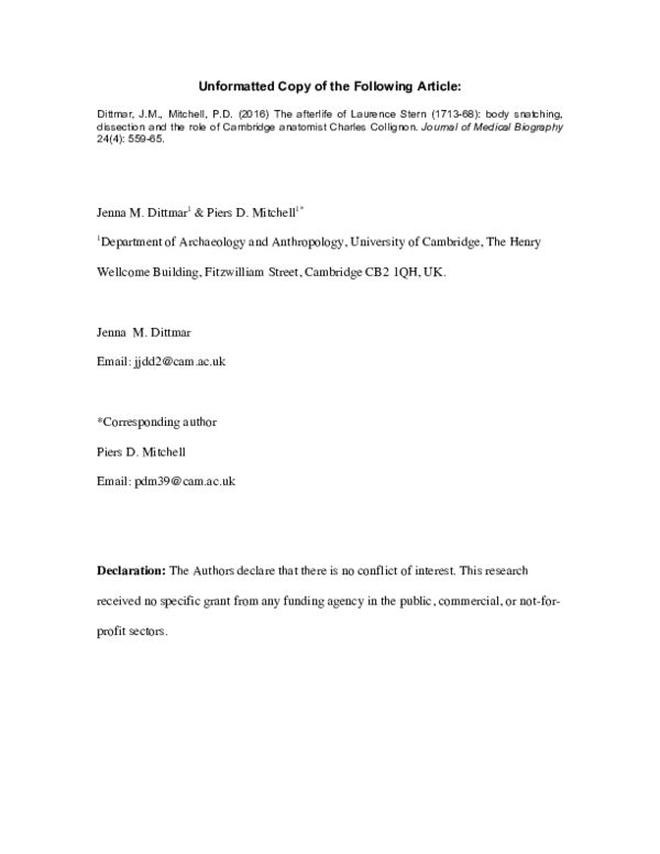 (PDF) The afterlife of Laurence Sterne (1713–1768): Body snatching ...