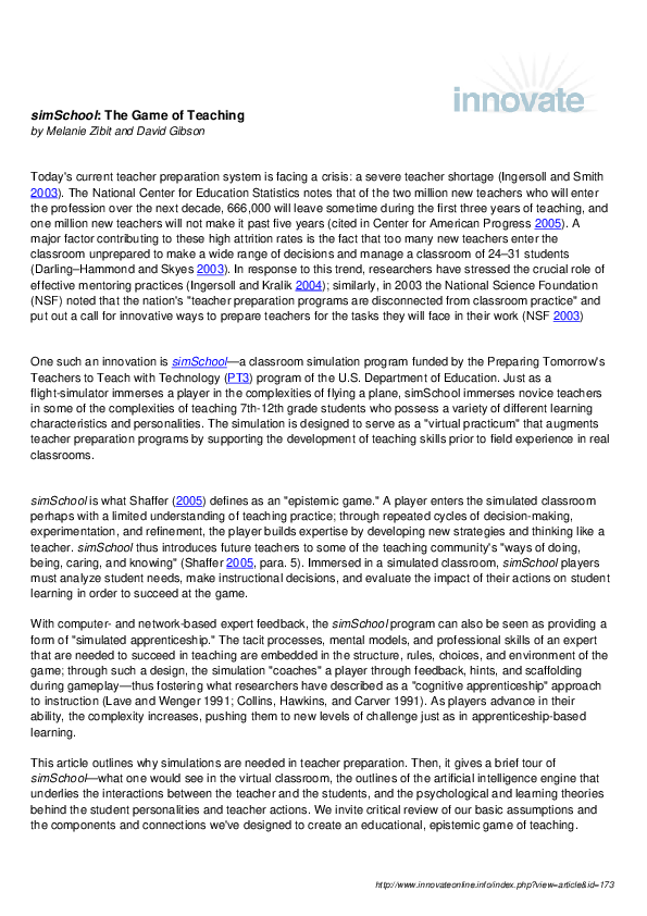 (PDF) simSchool: The game of teaching
