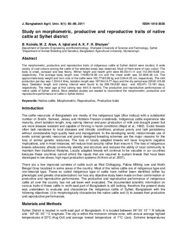 (PDF) Morphometric and Productive Traits of Sylhet Cattle