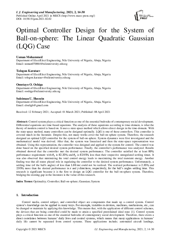Pdf Lqg Controller Design For Ball On Sphere System
