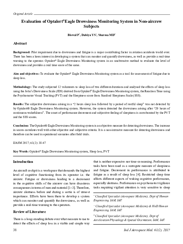 (PDF) Evaluation of Optalert ® Eagle Drowsiness Monitoring System in ...