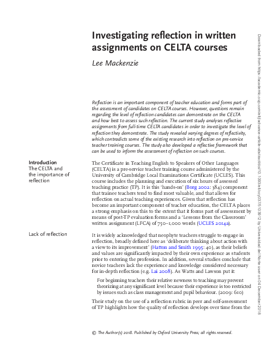 (PDF) Investigating reflection in written assignments on CELTA courses