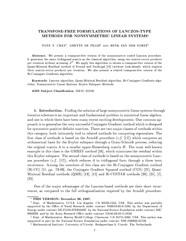 Pdf Transpose Free Formulations Of Lanczos Type Methods For Nonsymmetric Linear Systems