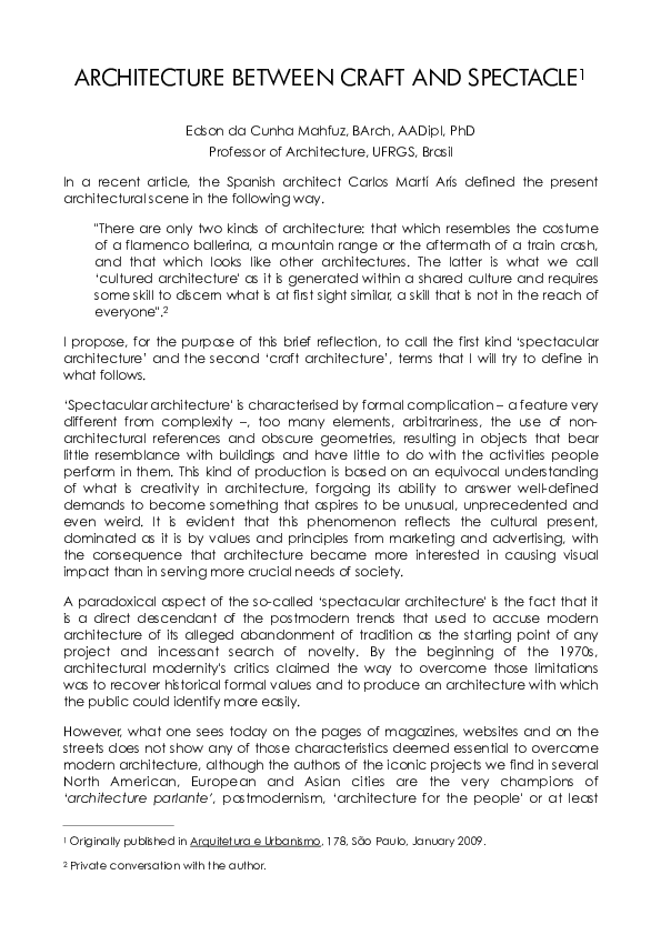 (PDF) ARCHITECTURE BETWEEN CRAFT AND SPECTACLE