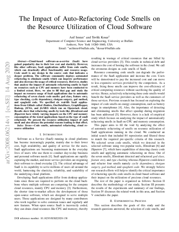 (PDF) The Impact of Auto-Refactoring Code Smells on the Resource Utilization of Cloud Software