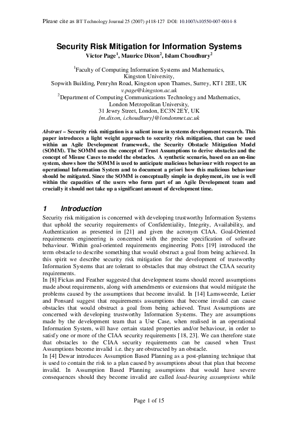 (PDF) Security risk mitigation for information systems