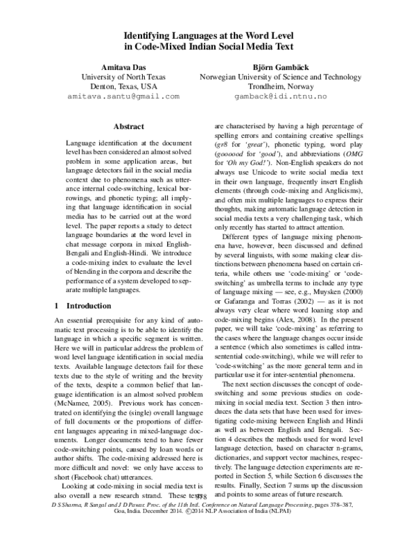 (PDF) Identifying Languages at the Word Level in Code-Mixed Indian ...