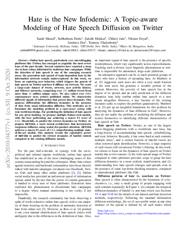 (PDF) Modeling Hate Speech Diffusion on Twitter Using RETINA