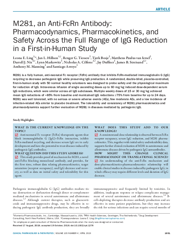 (PDF) M281, an Anti‐FcRn Antibody: Pharmacodynamics, Pharmacokinetics ...