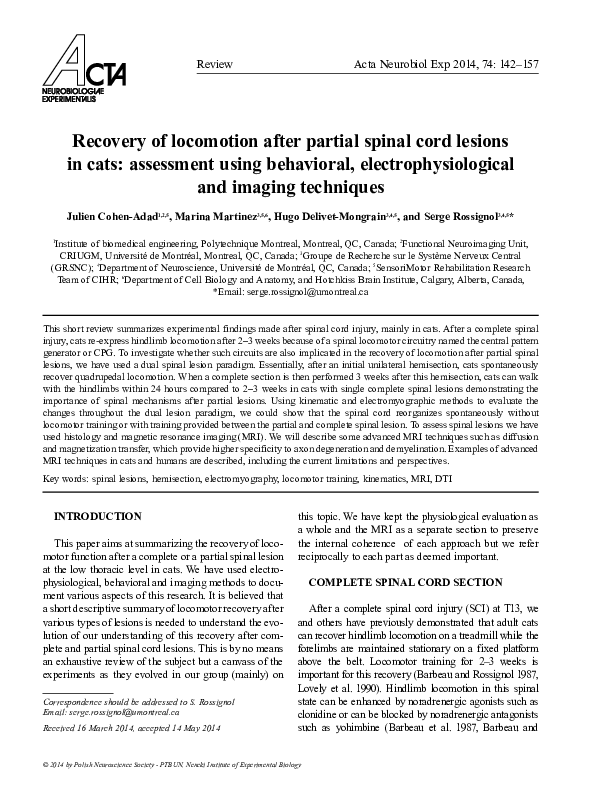 (PDF) Recovery of locomotion after partial spinal cord lesions in cats ...