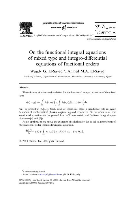 Pdf On The Functional Integral Equations Of Mixed Type And Integro Differential Equations Of