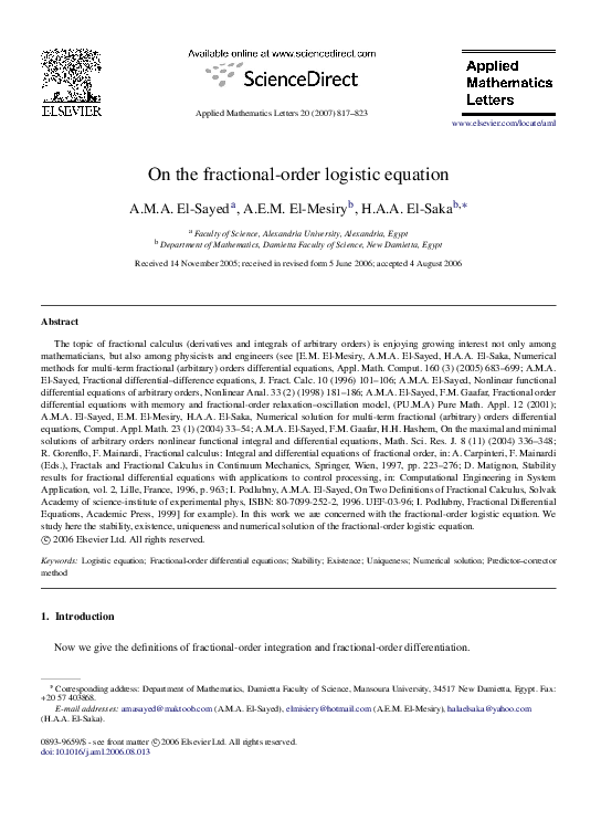 Pdf On The Fractional Order Logistic Equation