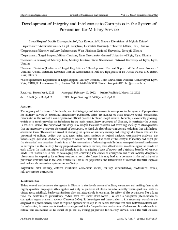 (PDF) Development of Integrity and Intolerance to Corruption in the System of Preparation for ...