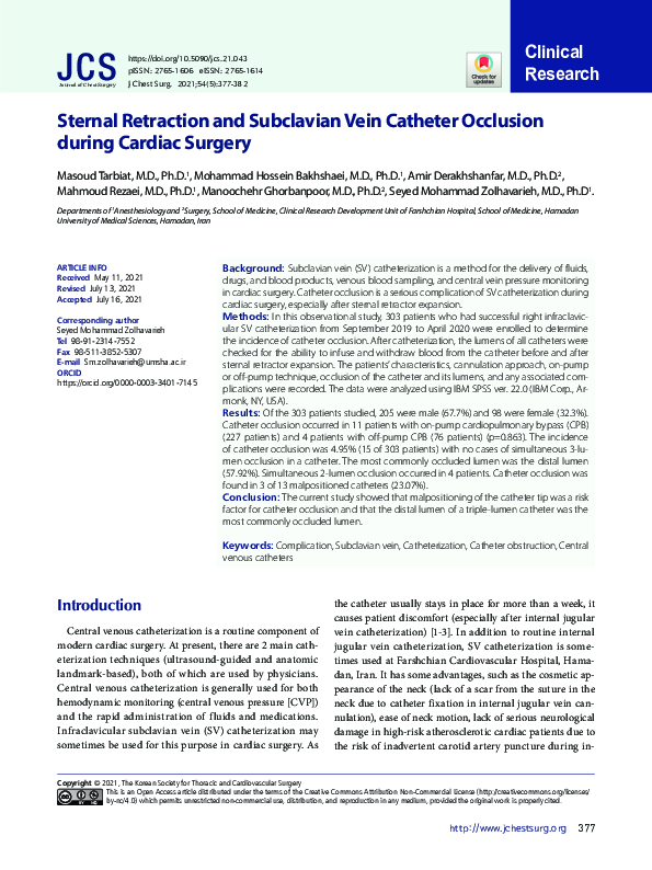 (PDF) Sternal Retraction and Subclavian Vein Catheter Occlusion during ...