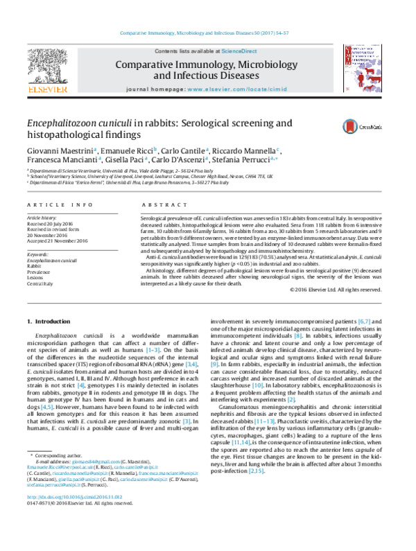 (PDF) Encephalitozoon cuniculi in rabbits: Serological screening and ...