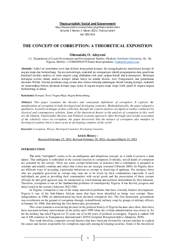 (PDF) The CONCEPT OF CORRUPTION: A THEORETICAL EXPOSITION