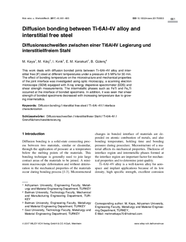 (PDF) Diffusion bonding between Ti-6Al-4V alloy and interstitial free steel