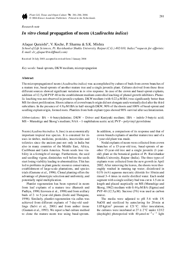 (PDF) In vitro Clonal Propagation of Neem (Azadirachta indica)