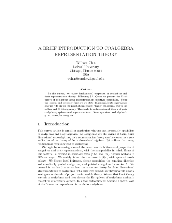 (PDF) A Brief Introduction to Coalgebra Representation Theory