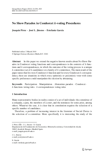 (PDF) No Show Paradox in Condorcet k-voting Procedures | Estefanía ...