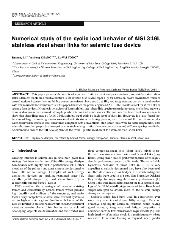 (PDF) Numerical study of the cyclic load behavior of AISI 316L ...