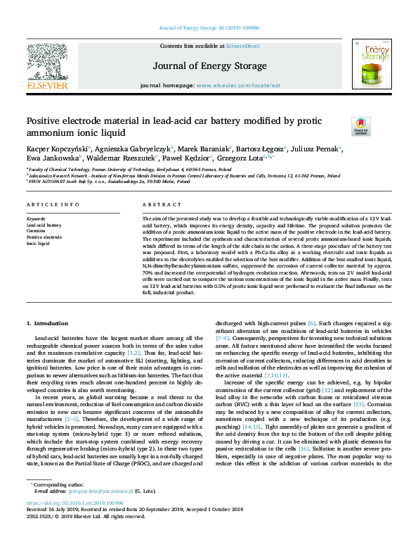 (PDF) Positive electrode material in lead-acid car battery modified by protic ammonium ionic liquid