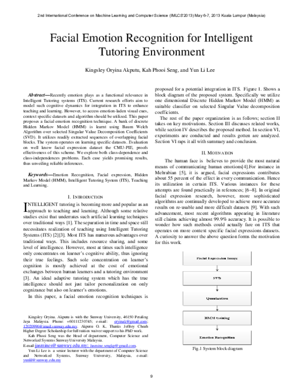 (PDF) Facial Emotion Recognition for Intelligent Tutoring Environment