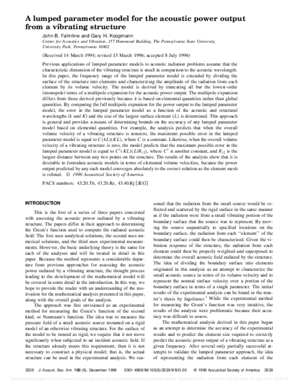 Pdf A Lumped Parameter Model For The Acoustic Power Output From A Vibrating Structure
