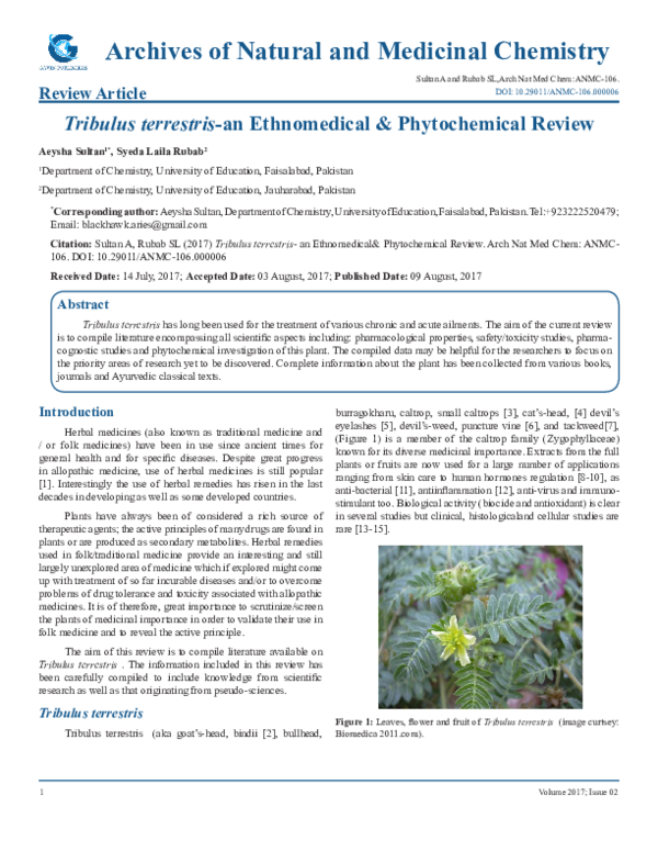 (PDF) Tribulus terrestris - an Ethnomedical Phytochemical Review