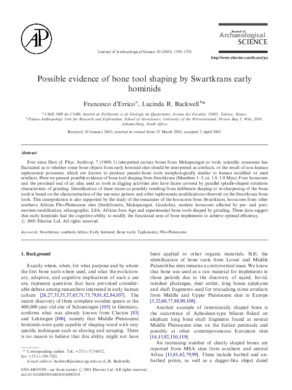 (PDF) Possible evidence of bone tool shaping by Swartkrans early hominids