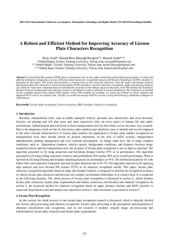(PDF) A Robust and Efficient Method for Improving Accuracy of License Plate Characters Recognition