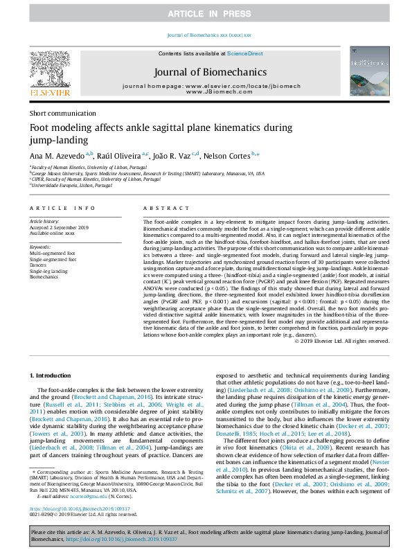 Pdf Foot Modeling Affects Ankle Sagittal Plane Kinematics During Jump Landing