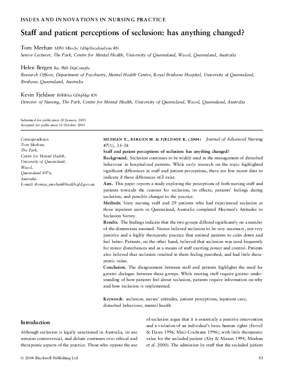 (PDF) Staff and patient perceptions of seclusion: has anything changed?