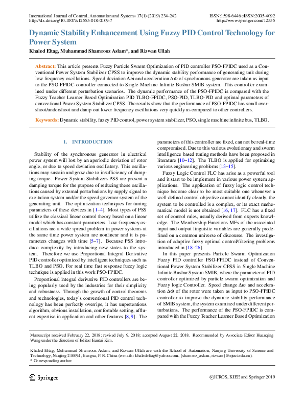 (PDF) Dynamic Stability Enhancement Using Fuzzy PID Control Technology for Power System