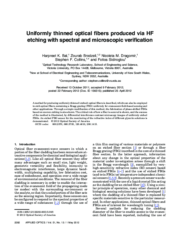 (PDF) Uniformly thinned optical fibers produced via HF etching with ...