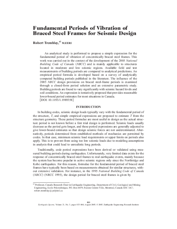 Pdf Fundamental Periods Of Vibration Of Braced Steel Frames For Seismic Design